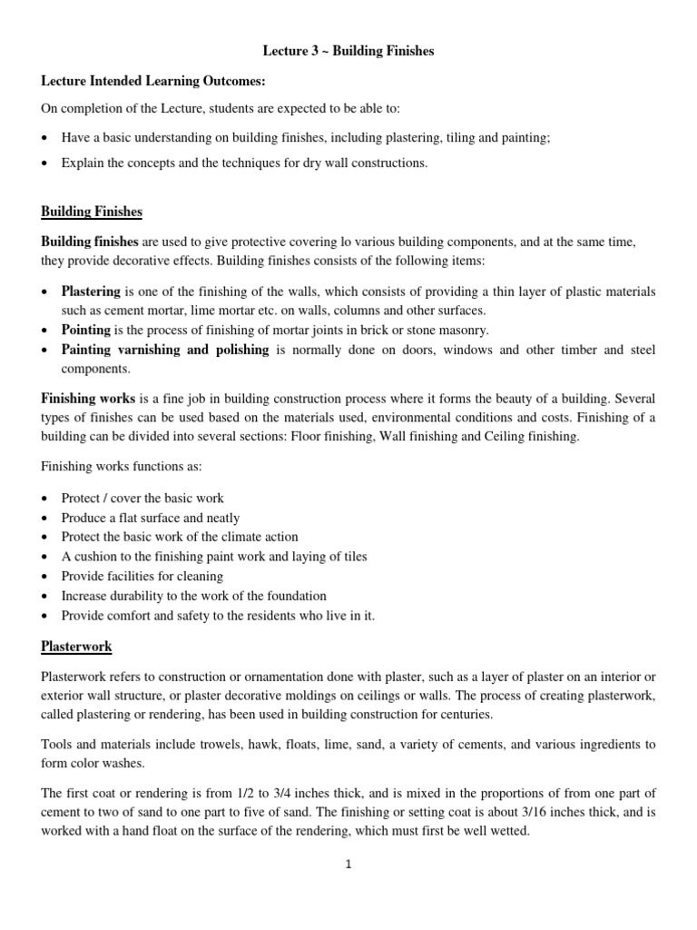 06 - Lecture 3 - Building Finishes | PDF | Drywall | Building Materials