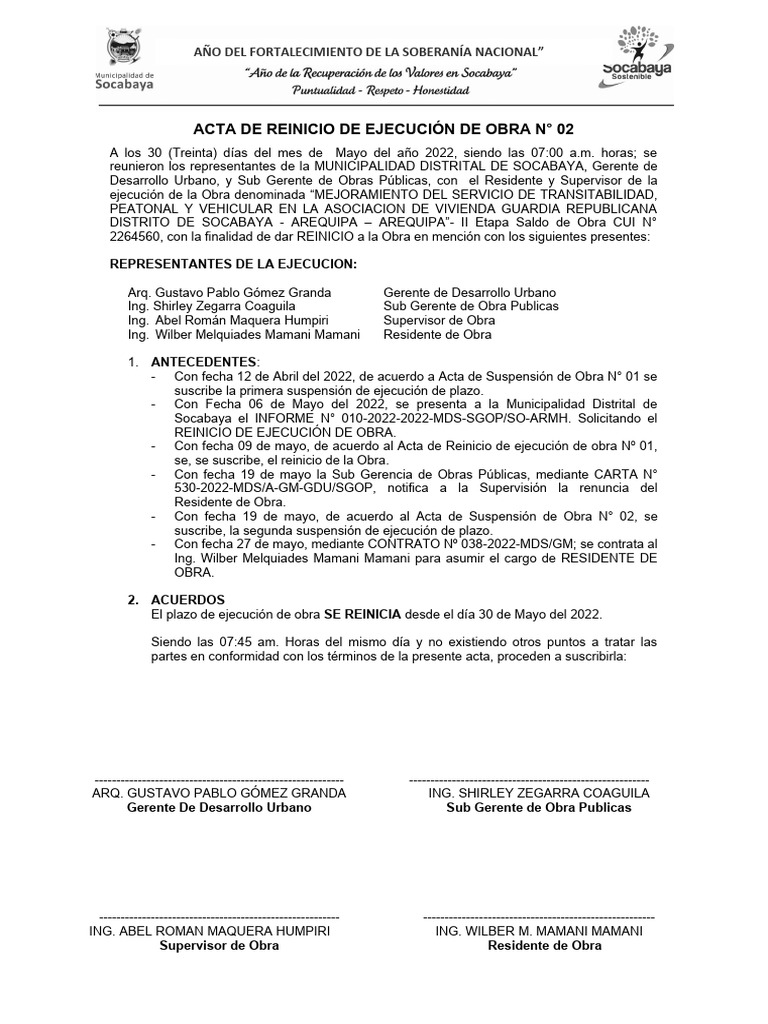 Acta de Reinicio N 002 | PDF