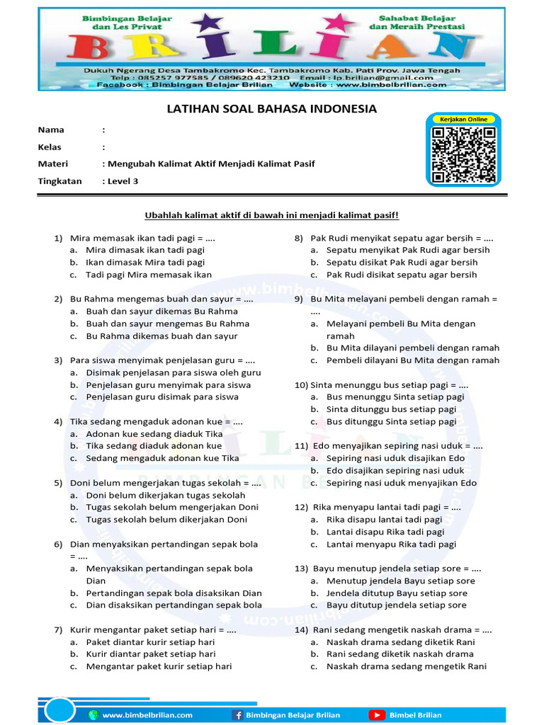 Soal Bahasa Indonesia Mengubah Kalimat Aktif Menjadi Pasif Level 3 | PDF