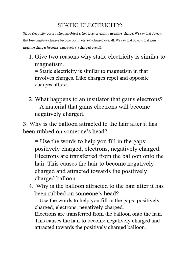 STATIC ELECTRICITY Worksheet | PDF | Technology & Engineering