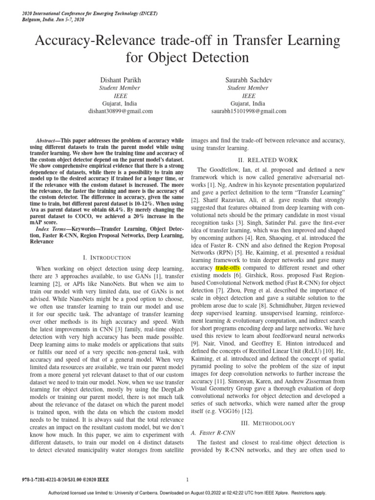 Accuracy Relevance Trade Off In Transfer Learning For Object Detection