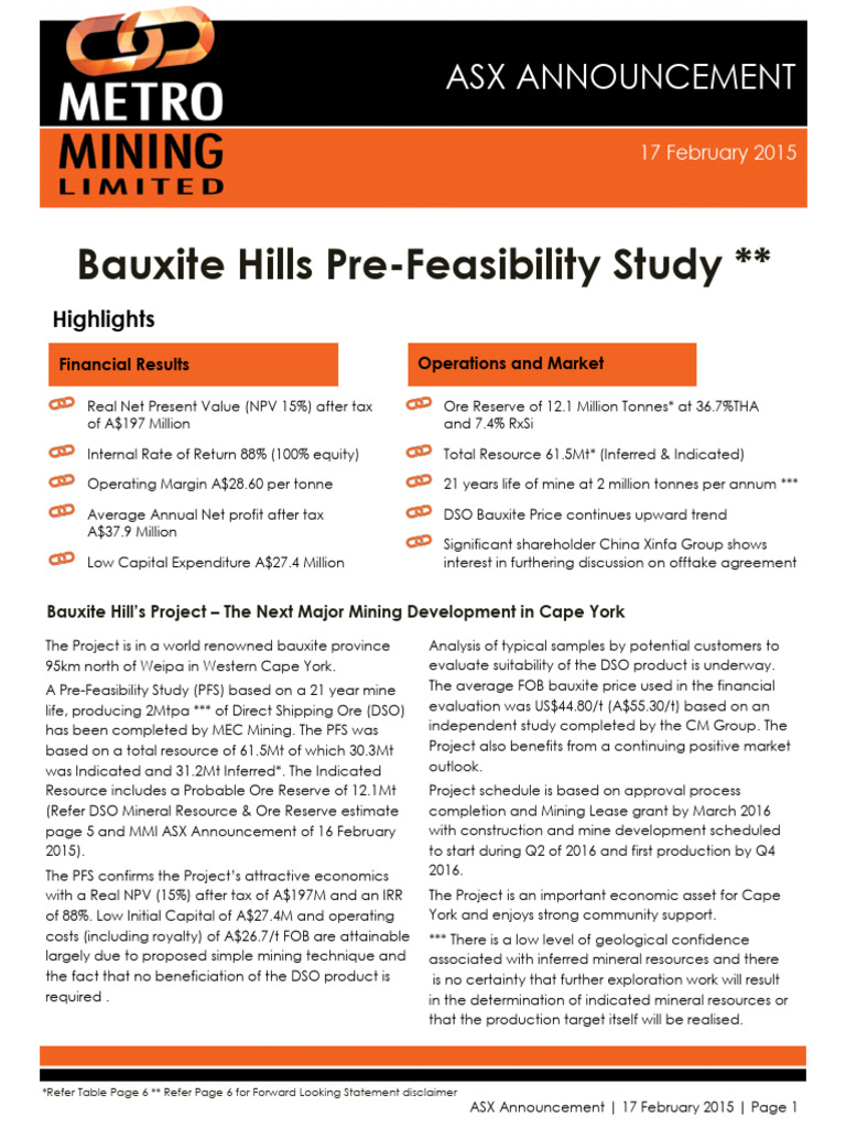 Pre FS Bauxite Mining | PDF | Mining | Internal Rate Of Return