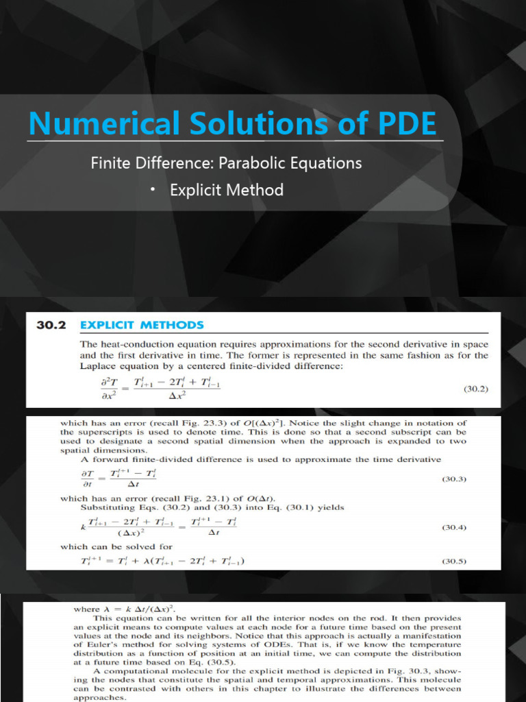17 18 Numerical Solutions of PDE Finite Difference of Parabolic Equations Explicit Method | PDF