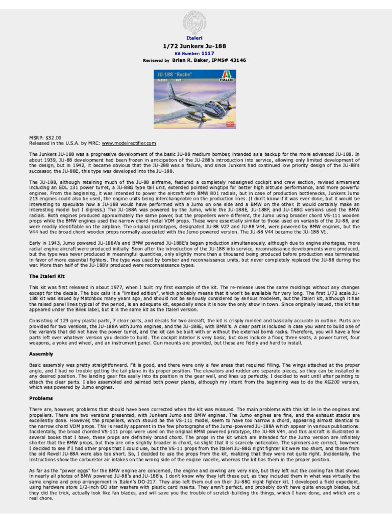IPMS Kit Review - Italeri 1 - 72 Junkers Ju-188 | PDF