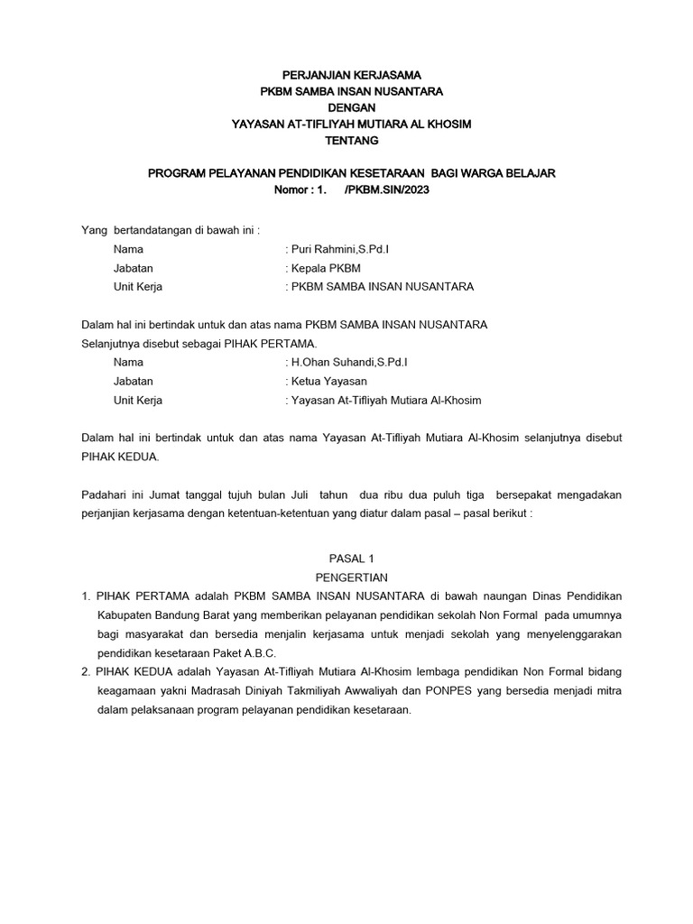 Mou Perjanjian Kerjasama PKBM Al Furqon Dengan SLB | PDF