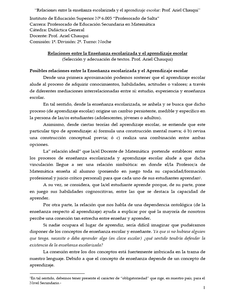 Texto. Relaciones Entre La Enseñanza Escolarizada y El Aprendizaje ...