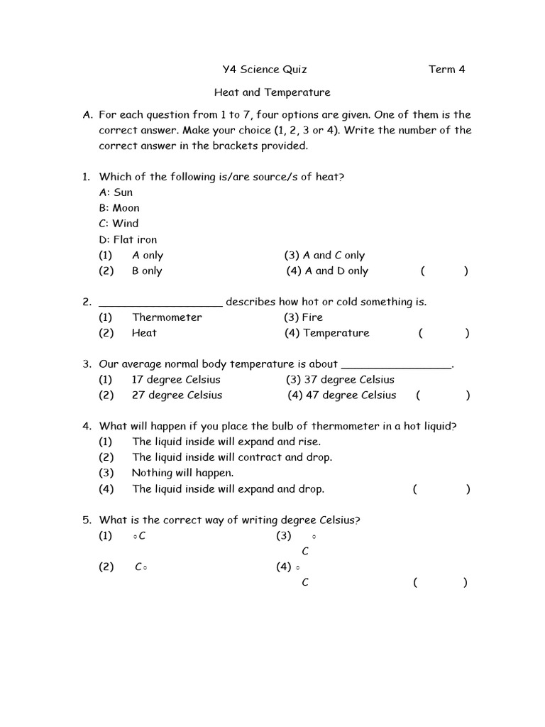 Y4 Science Quiz Term 4 | PDF | Thermometer | Heat