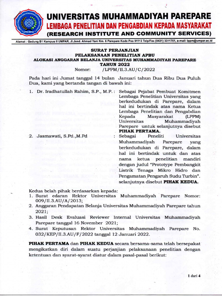 Surat Perjanjian Pelaksanaan Penelitian Apbu | PDF