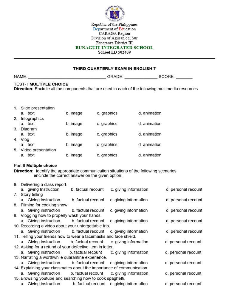 Q3 Exam Eng7 | PDF | Knowledge | Multiple Choice
