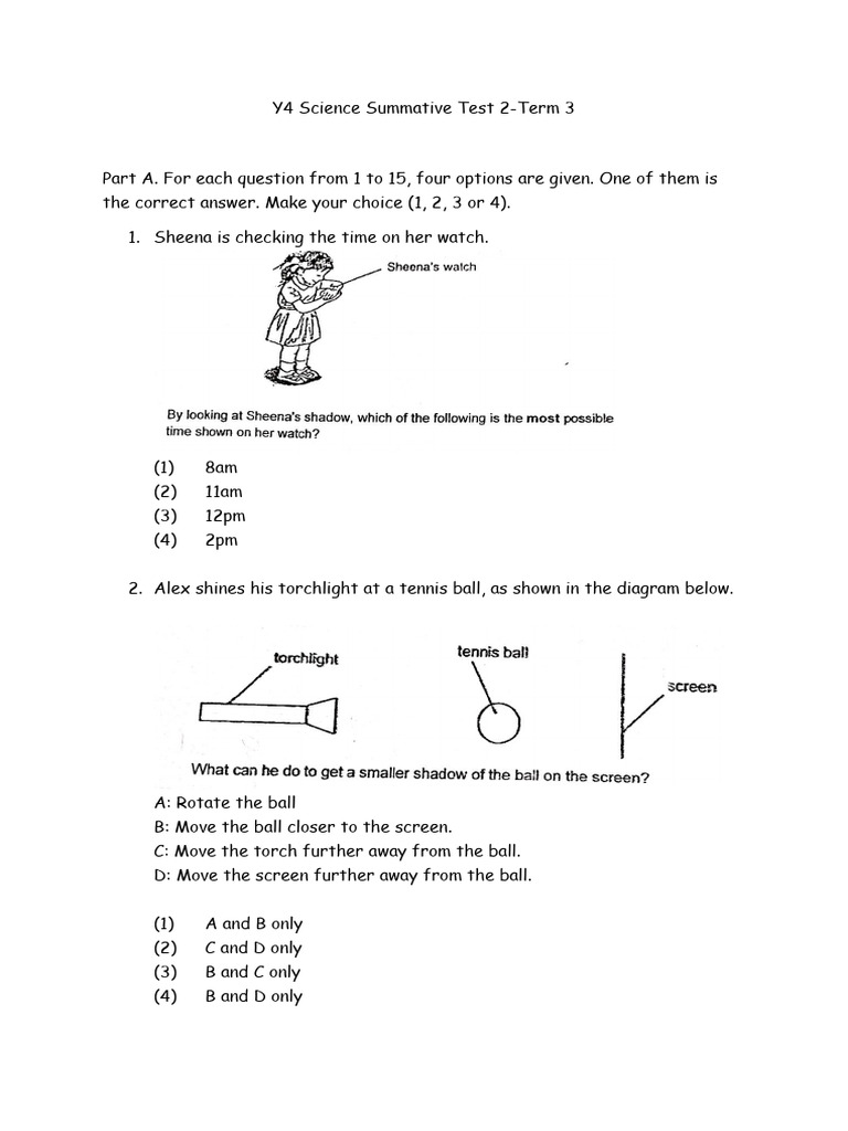 Y4 Science Summative Test 2.t3docx | PDF | Shadow | Light