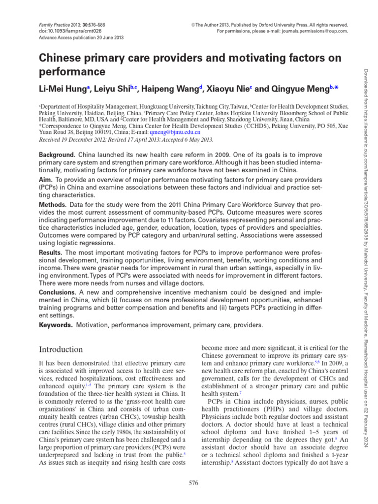 Chinese Primary Care Providers and Motivating Factors On Performance ...