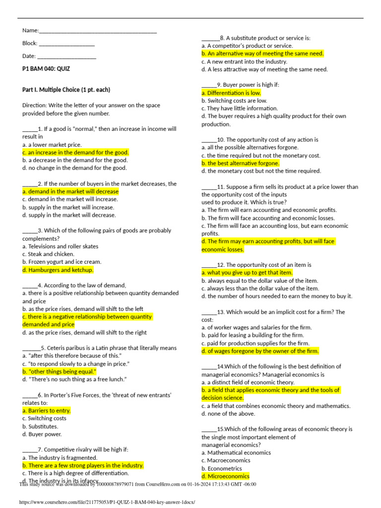 P1 QUIZ 1 BAM 040 Key Answer 1 | PDF | Demand | Profit (Economics)