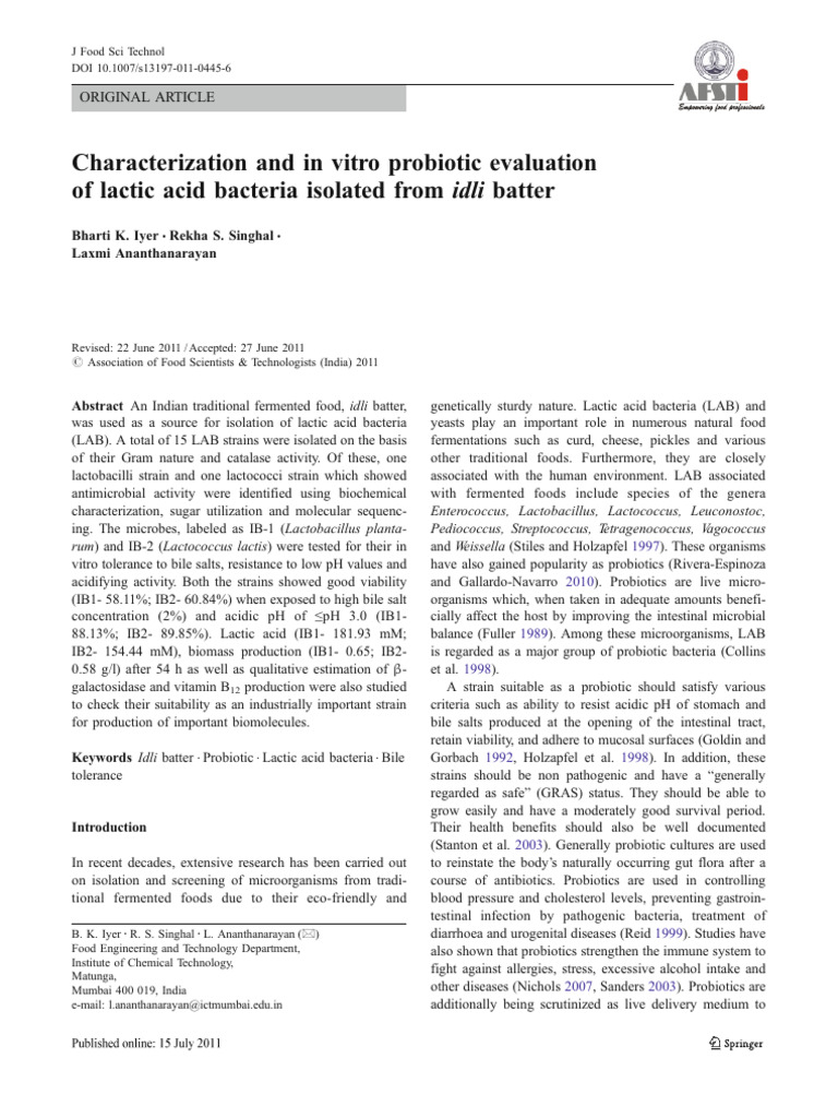 Invitro Probiotic Evaluation of Lactic Acid Bacteria | PDF | Probiotic | Phosphate Buffered Saline