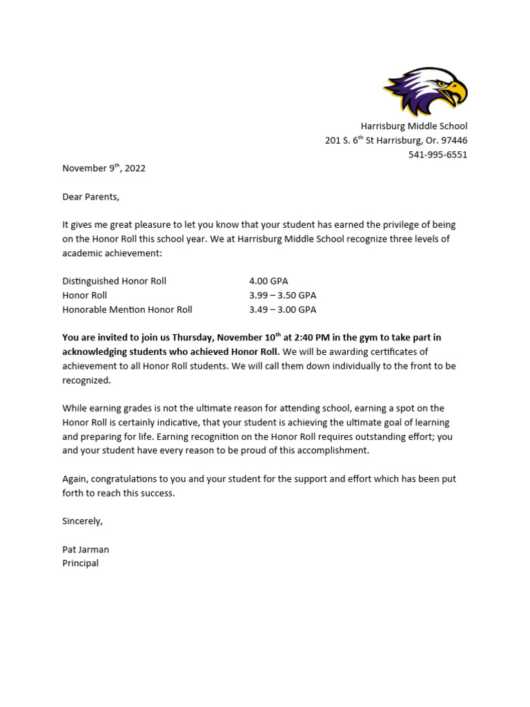 Honor Roll Letter To Parent 2 | PDF