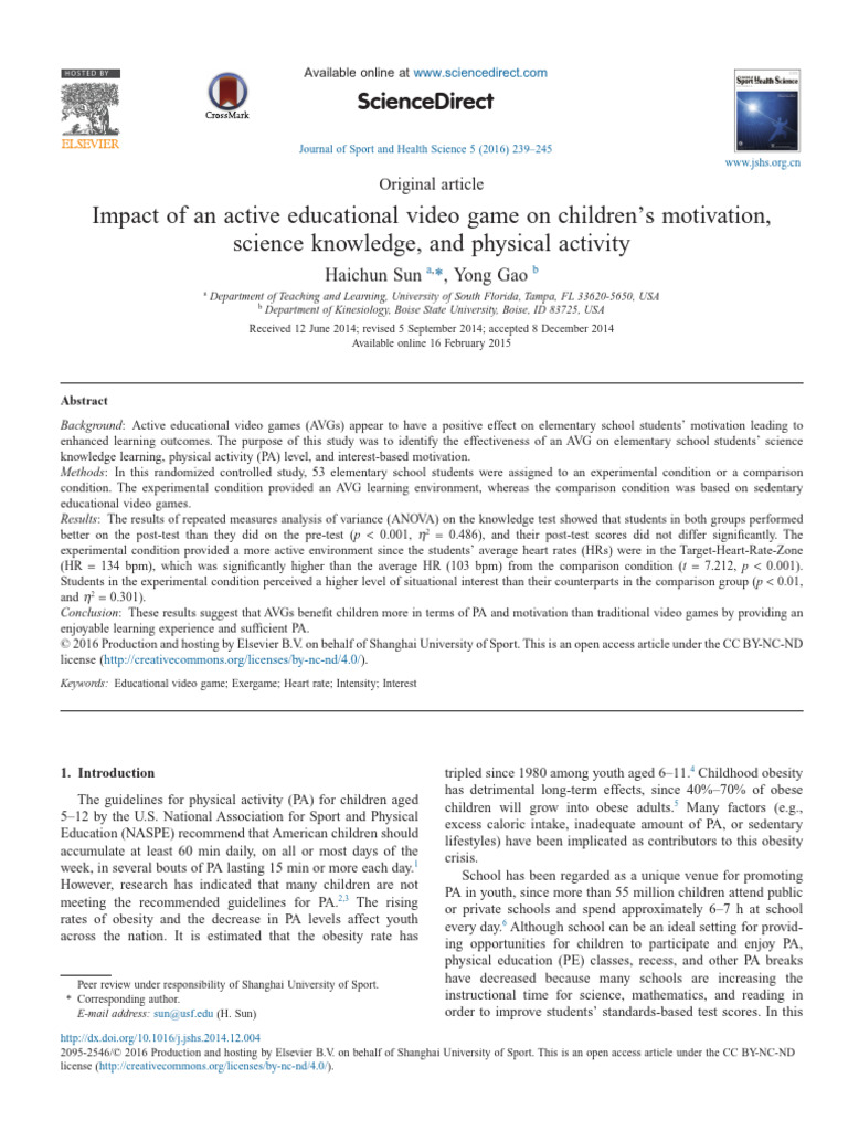 Impact of An Active Educational Video Game On Children's Motivation, Science Knowledge, and ...