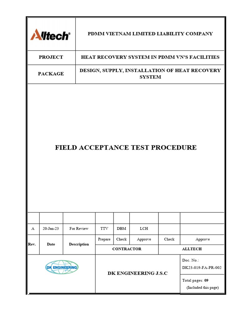 Field Acceptance Test for Heat Recovery System | PDF | Actuator ...