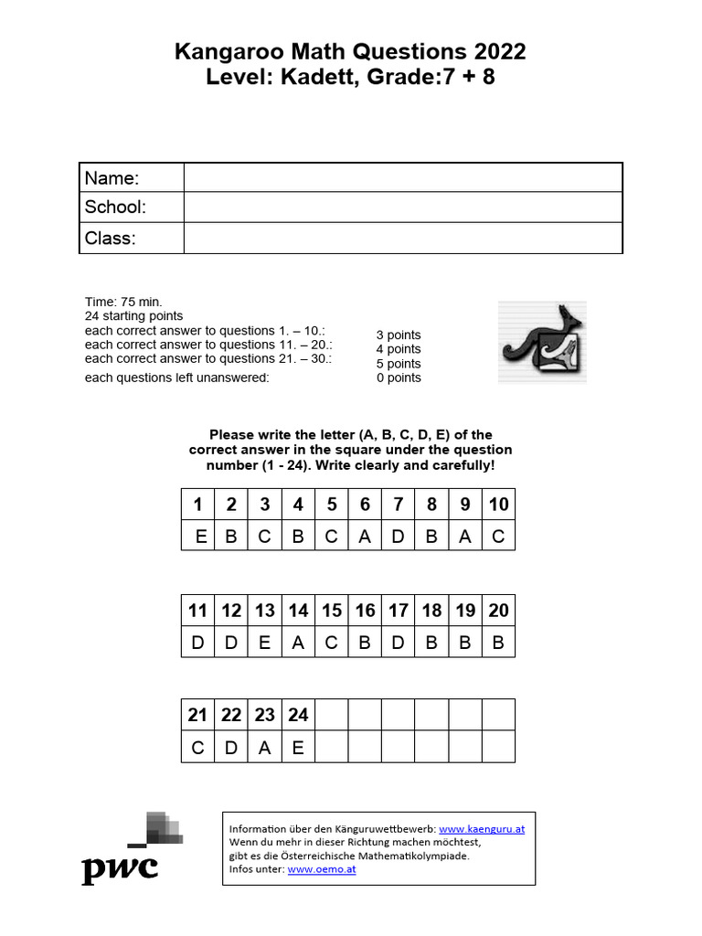 Kangaroo Math Questions 2022 | PDF | Teaching Methods & Materials