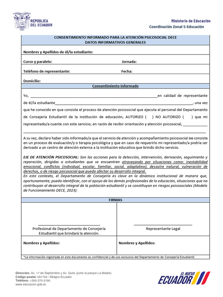 Consentimiento Informado - DECE - 2024 | PDF | Consentimiento informado
