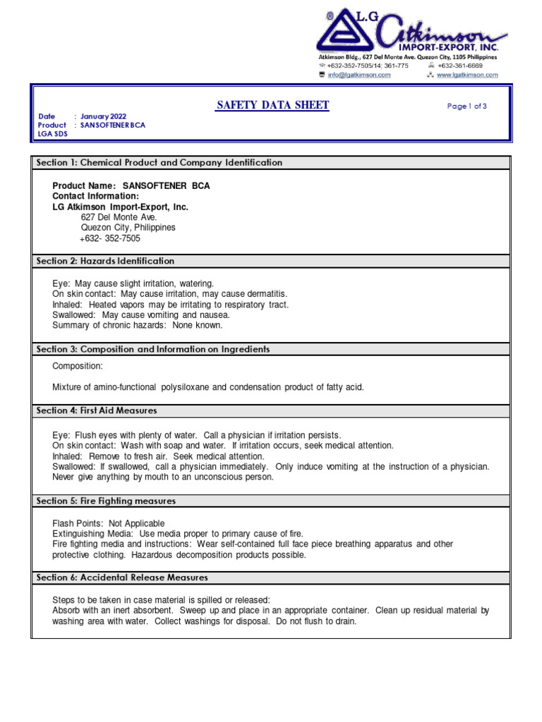Sansoftener BCA SDS | PDF | Water | Waste Management