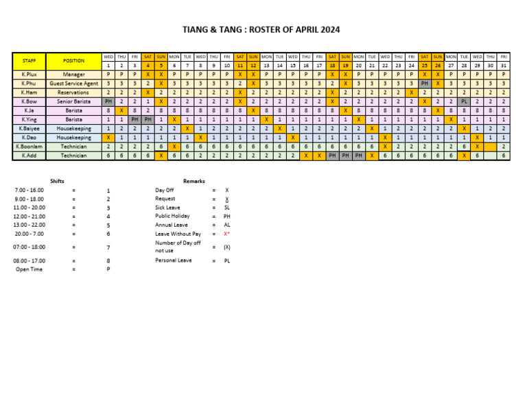 TANG_TIANG-Roster_May 2024 | PDF | Leave Of Absence | Working Time