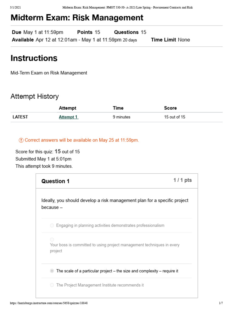 Midterm Exam - Risk Management - PMGT 530-50 - A-2021 - Late Spring - Procurement Contracts and ...