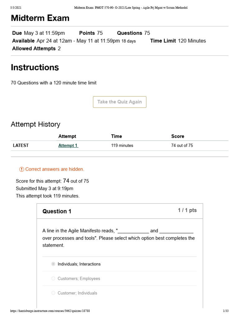 Midterm Exam - PMGT 570-90 - O-2021 - Late Spring - Agile PRJ MGMT W - Scrum Methodol | PDF ...