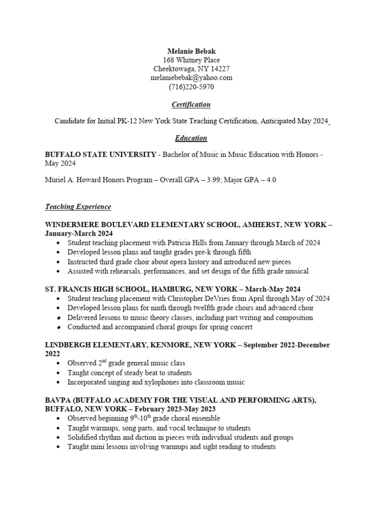 Resume - Melanie Bebak Updated - Portfolio | PDF | Choir | Entertainment
