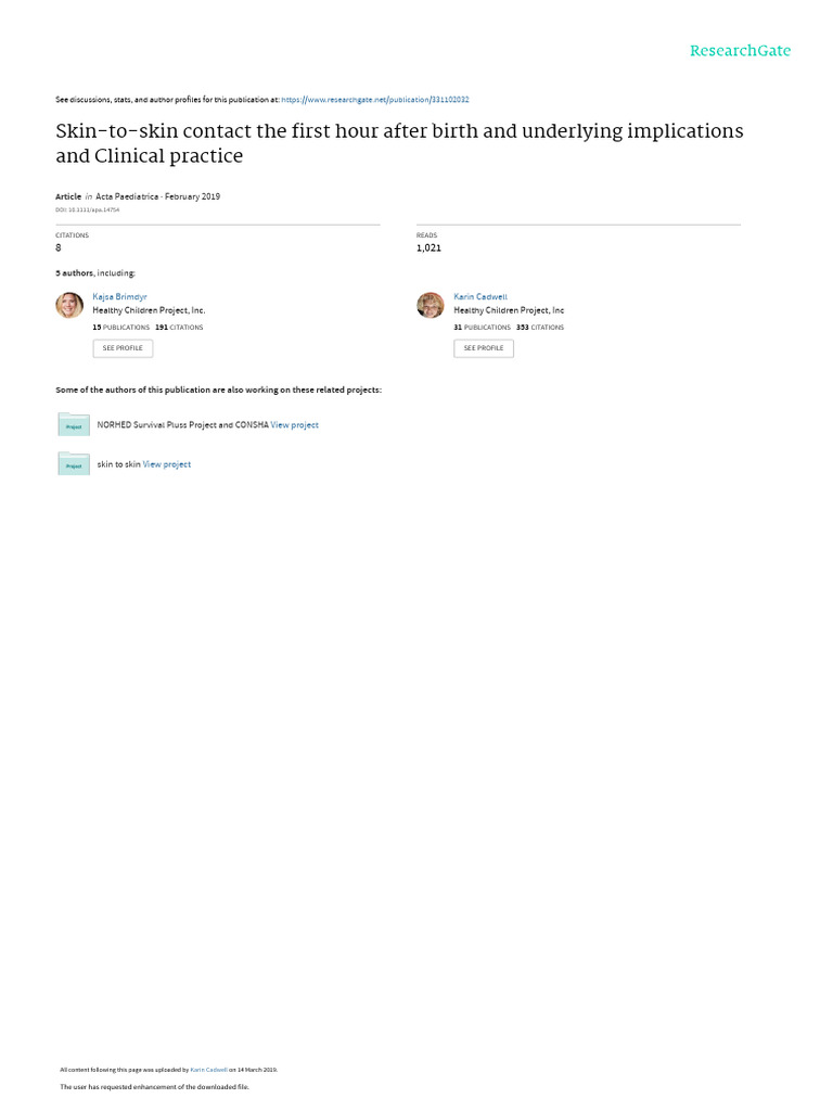 Skin To Skin Contact The First Hour After Birth and Underlying ...