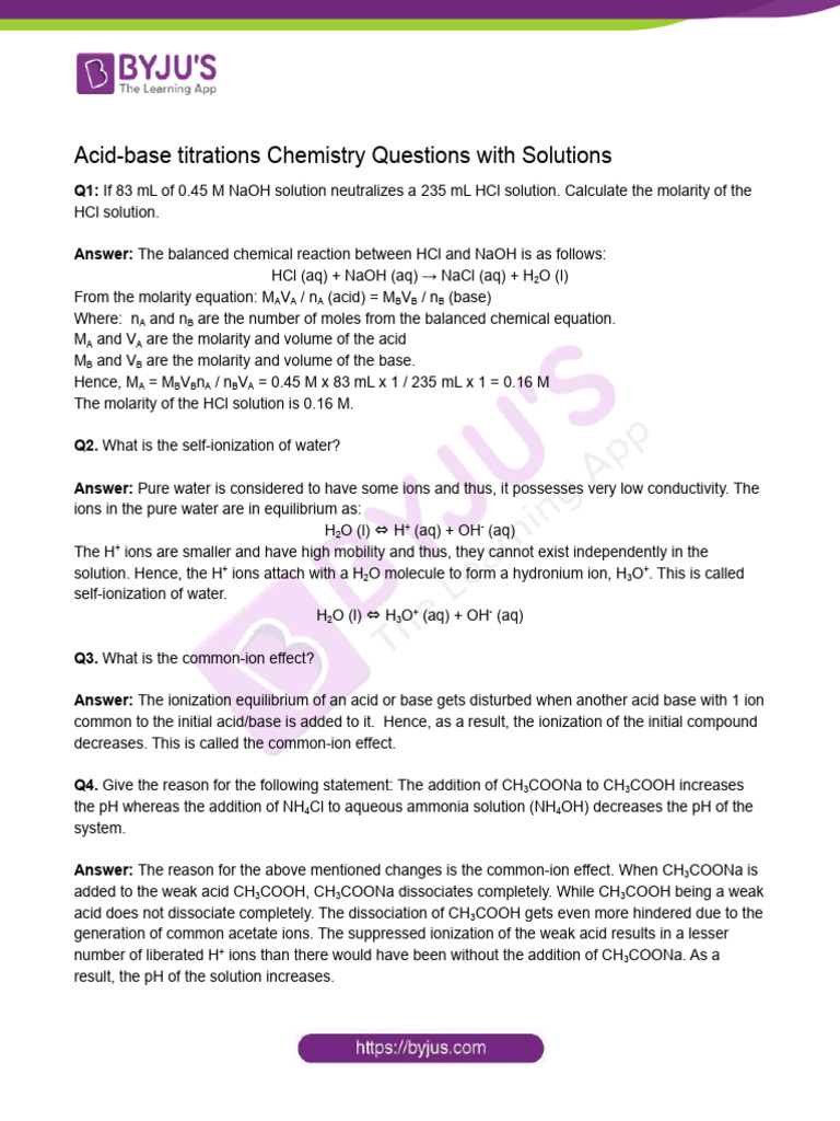 Acid Base Titrations Questions | PDF | Acid | Ph