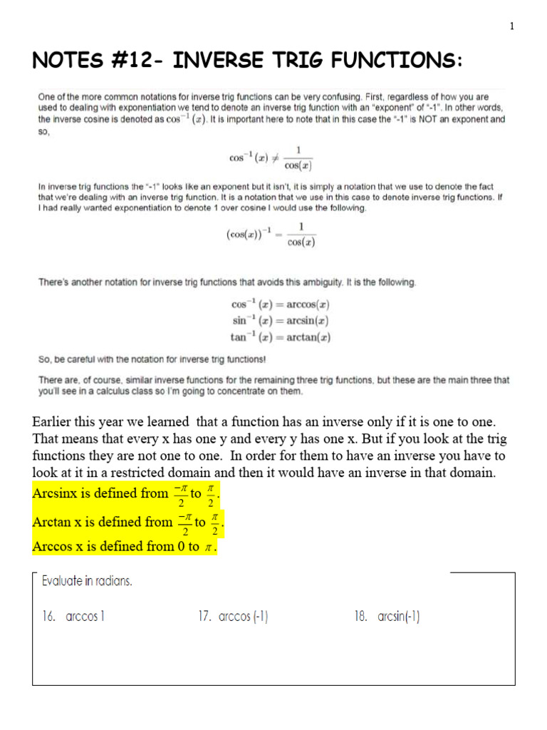 Notes #12-Inverse Trig Functions | PDF | Euclidean Geometry | Geometry