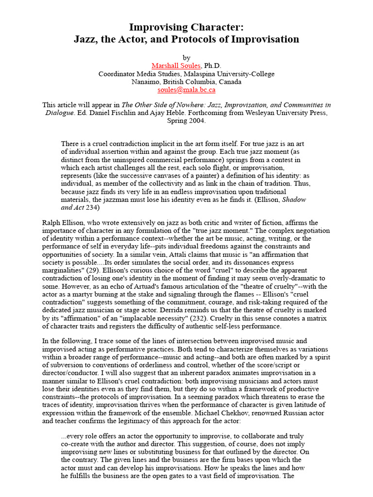 SOULES, Marshall - Improvising Character - Jazz, The Actor, and Protocols of Improvisation | PDF ...