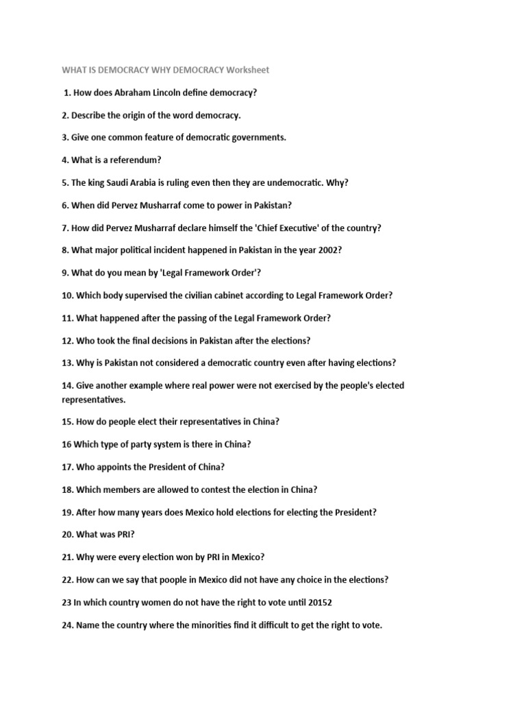 What Is Democracy Why Democracy Worksheet | PDF | Democracy | Political ...