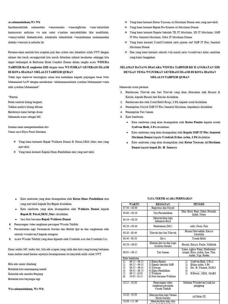 Teks MC Wisuda Tahfidz Fix | PDF