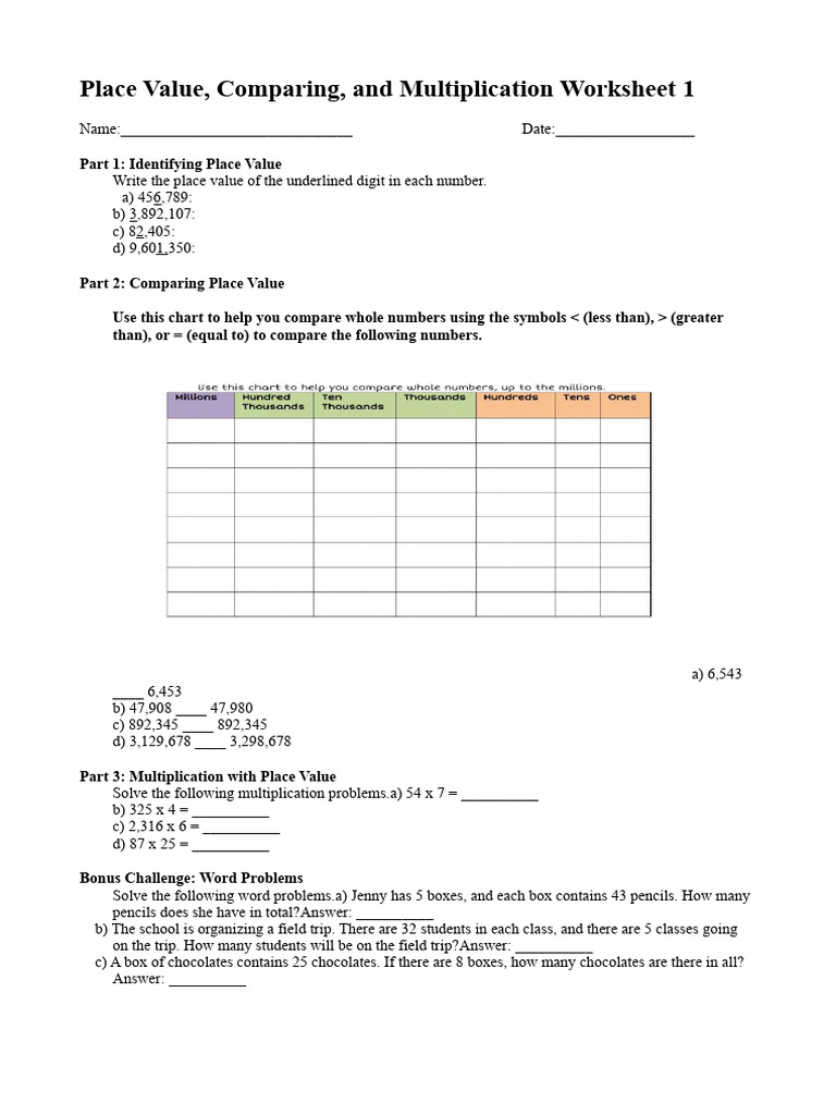 Place Value, Comparing, and Multiplication Worksheet 1 | PDF