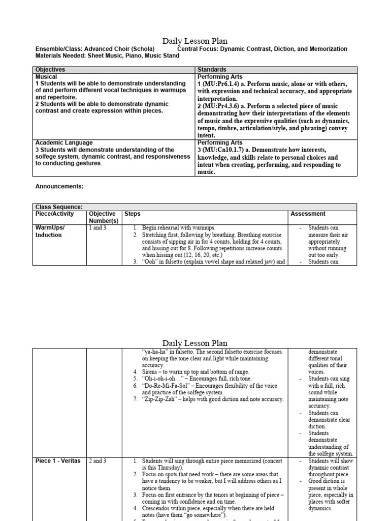 Advanced Choir Lesson Plan - Saint Francis Observation 1 | PDF ...