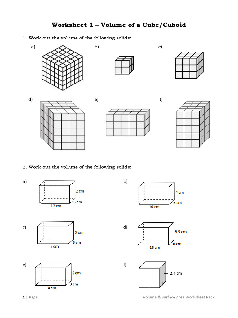 Week 12 Volume and Surface Area Worksheet Pack | PDF | Volume | Metrology