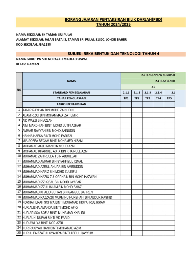 Rekod Penjajaran PBD RBT 4 Aman 4 Adab 2024 2025 | PDF