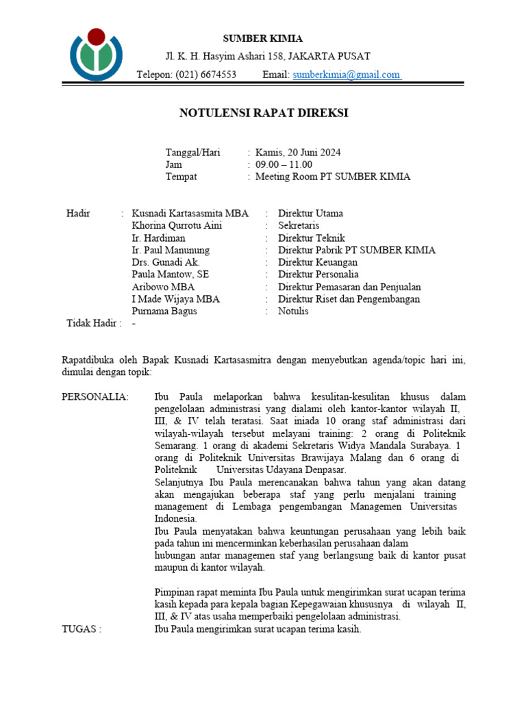 Notulensi Rapat Direksi | PDF