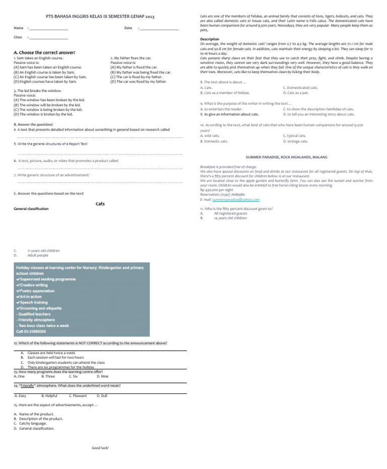 Pts Bahasa Inggris Kelas Ix Semester Genap 2023 | PDF | Felidae | Cats