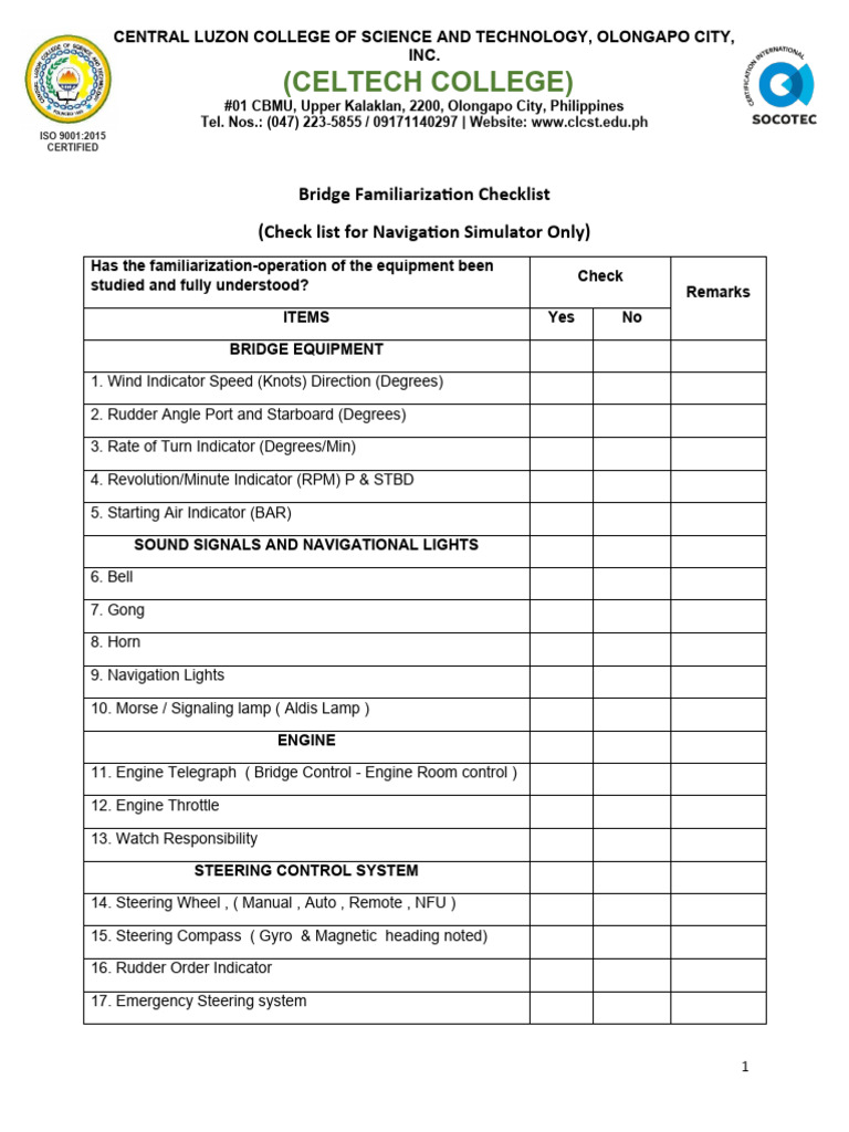 Bridge Familiarization Plan Check List | PDF | Wireless