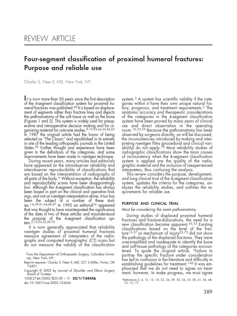 Four-Segment Classification of Proximal Humeral Fractures - Purpose and ...