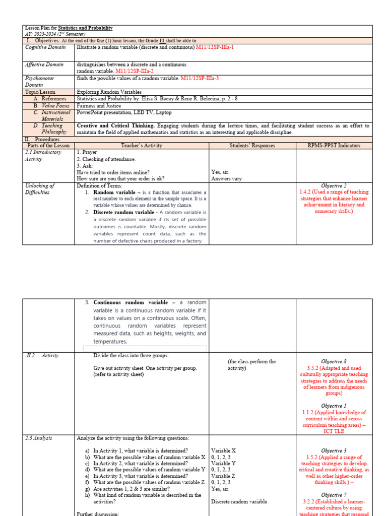 LP Cot2 - 1 2023-2024 | PDF | Random Variable | Probability Distribution