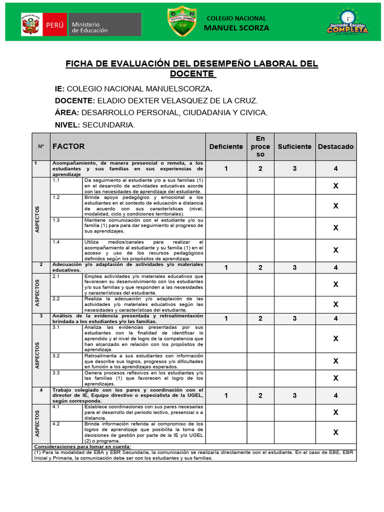 Ficha de Evaluacion Del Desempeño Docente para La Contratacion 2021 | PDF | Aprendizaje | Maestros