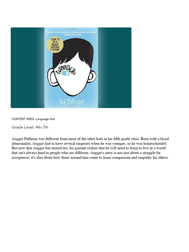 Lesson Plans for "Wonder" by R.J. Palacio | PDF | Linguistics