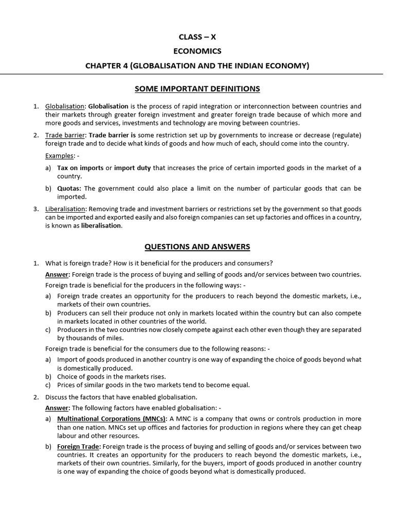 Class X - Economics (Globalisation and the Indian Economy) | PDF ...