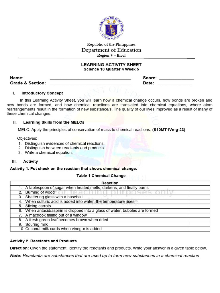Science 10 Q4 LAS Week 5 Edited | PDF | Oxide | Chemical Reactions
