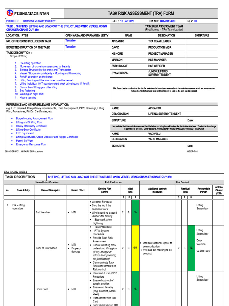 TRA-BRS-030 Rev 00 SHIFTING LIFTING AND LOAD OUT TO PERMANENT JETTY | PDF | Crane (Machine) | Risk