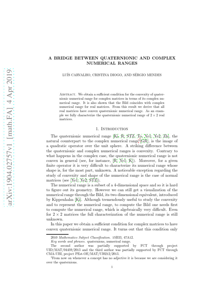 A BRIDGE BETWEEN QUATERNIONIC AND COMPLEX Numerical Ranges | PDF ...