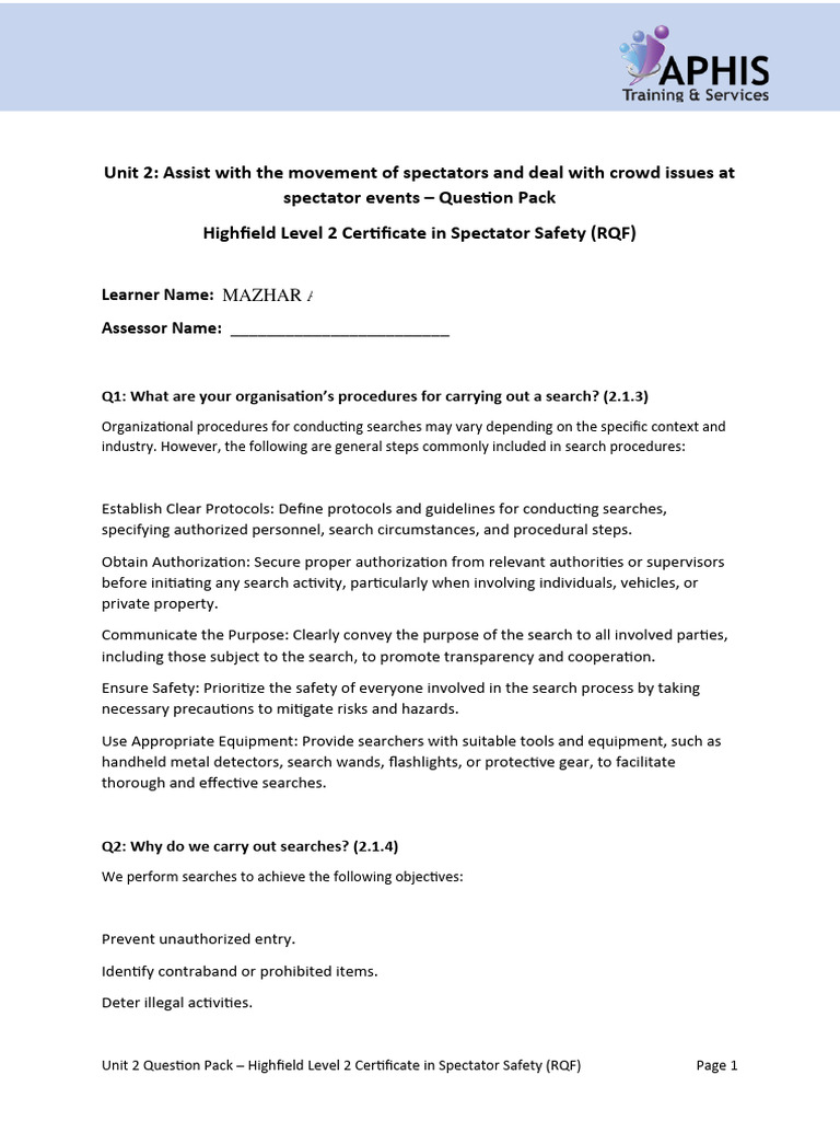 Unit 2 - Question Pack - Spectator Safety Level 2 | PDF | Surveillance ...