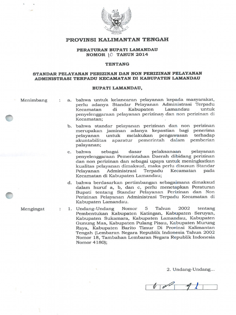 Perbub Nomor 10 Tahun 2014 Tentang Standar Pelayanan Perizinan Dan Non ...